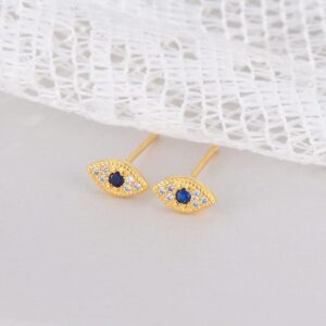 Dainty Evil Eye Mini Stud Earrings Sterling Silver Blue Crystal CZ Wedding Earring Ear Piercing Studs for Women (Gold)