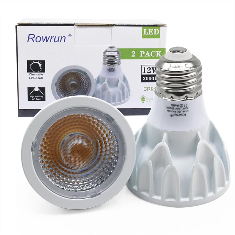 Rowrun E26 LED BULB PAR20 12W Soft White Dimmable 3000K COB Spot Light 24°Beam Angle Indoor Flood Light Range Hood Bulb 2-Pack