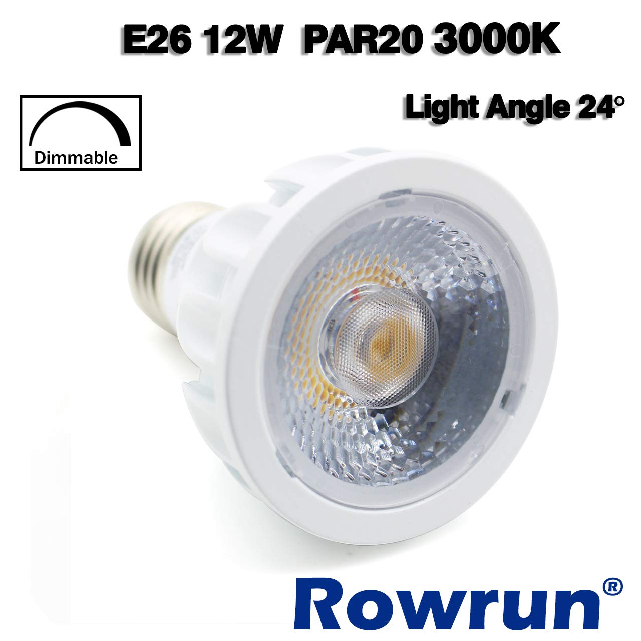 Rowrun E26 LED BULB PAR20 12W Soft White Dimmable 3000K COB Spot Light 24°Beam Angle Indoor Flood Light Range Hood Bulb 2-Pack