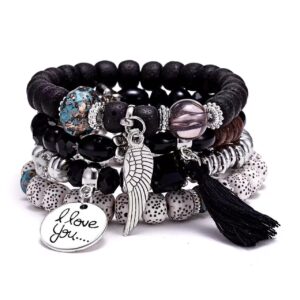 smalllove bohemian bracelets set for women multilayer stretch stackable wing tassel love charm crystal beaded beach boho natural stone (black)