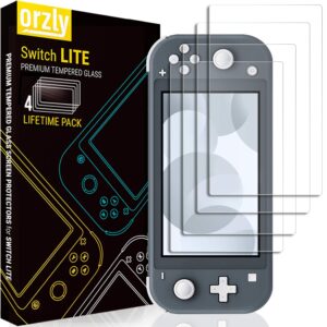 orzly screen protector for nintendo switch lite 2019 model [4 pack] tempered glass screen protectors. no bubbles easy installation anti scratch edition