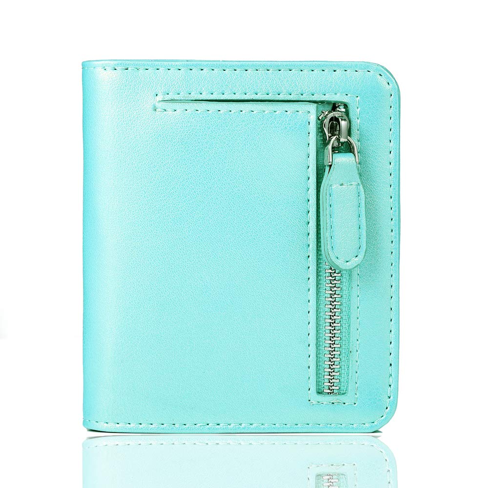 FUNTOR Small Wallets for Women, Ladies Small Compact Bifold Pocket RFID Blocking Genuine Leather Wallet for Women, BlingGreen