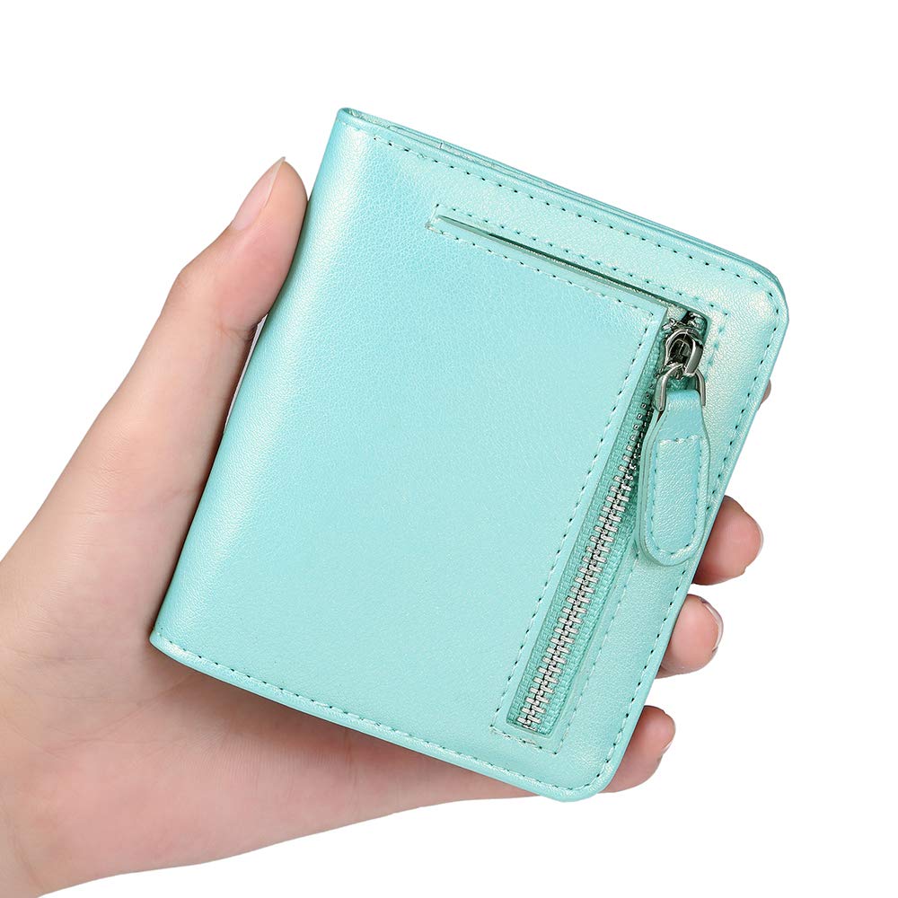 FUNTOR Small Wallets for Women, Ladies Small Compact Bifold Pocket RFID Blocking Genuine Leather Wallet for Women, BlingGreen