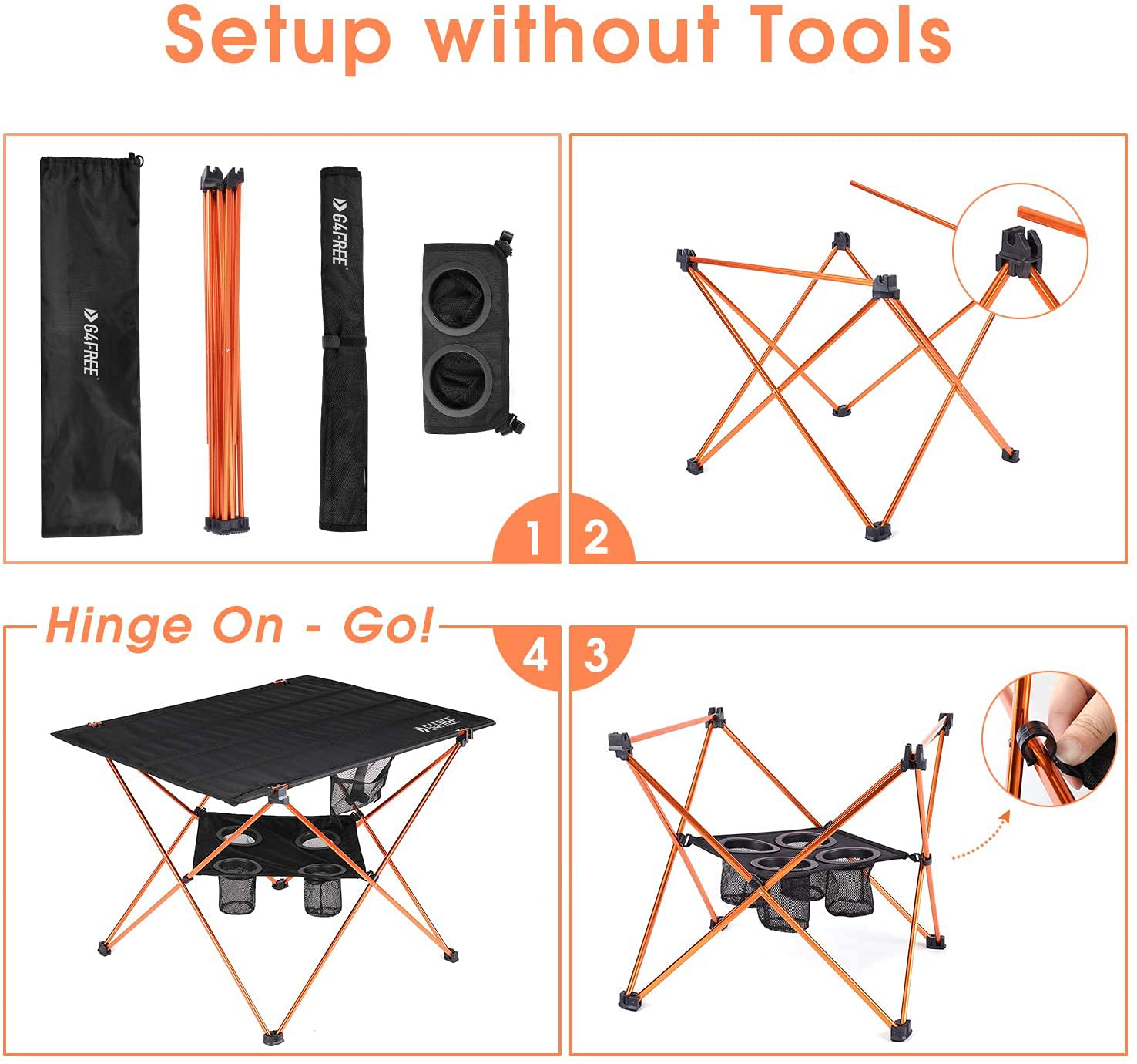 Portable Folding Camp Table Large Camping Table with 4 Cup Holders and Carrying Bags for Indoor and Outdoor Picnic Tailgating BBQ Beach Hiking Travel Fishing Fishing(Orange Medium with Cup Holder)