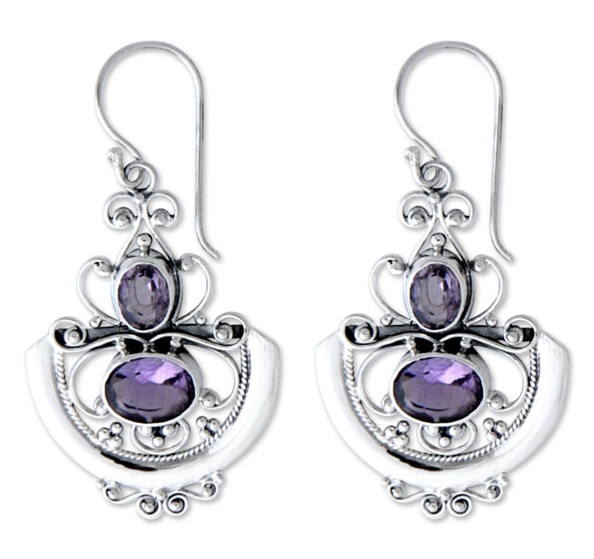 NOVICA Artisan Handmade Amethyst Dangle Earrings Sterling Silver Purple Indonesia Mauve Mist Birthstone [1.9 in L x 1 in W x 0.2 in D] ' Balinese Goddess'