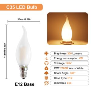 MZyoyo 10 Pack Candelabra LED Bulb,Dimmable E12 LED Candle Bulbs,4W Chandelier Light Bulbs,BA11 Flame Shape Bent Tip,4 Watt LED Light Bulb,2700K Warm White,Frosted Glass Cover