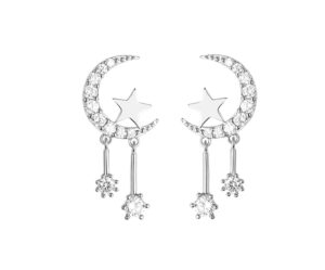 reffeer 925 sterling silver crescent moon star earrings studs for women teens girls cz moon studs earrings star tassel earrings (a-silver)