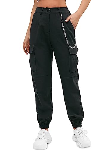 ZAFUL Cargo Pants for Women High Waisted Jogger Pants Outdoor Sweatpants Casual Pants with Chain (1-Black,L)