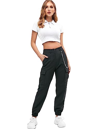 ZAFUL Cargo Pants for Women High Waisted Jogger Pants Outdoor Sweatpants Casual Pants with Chain (1-Black,L)