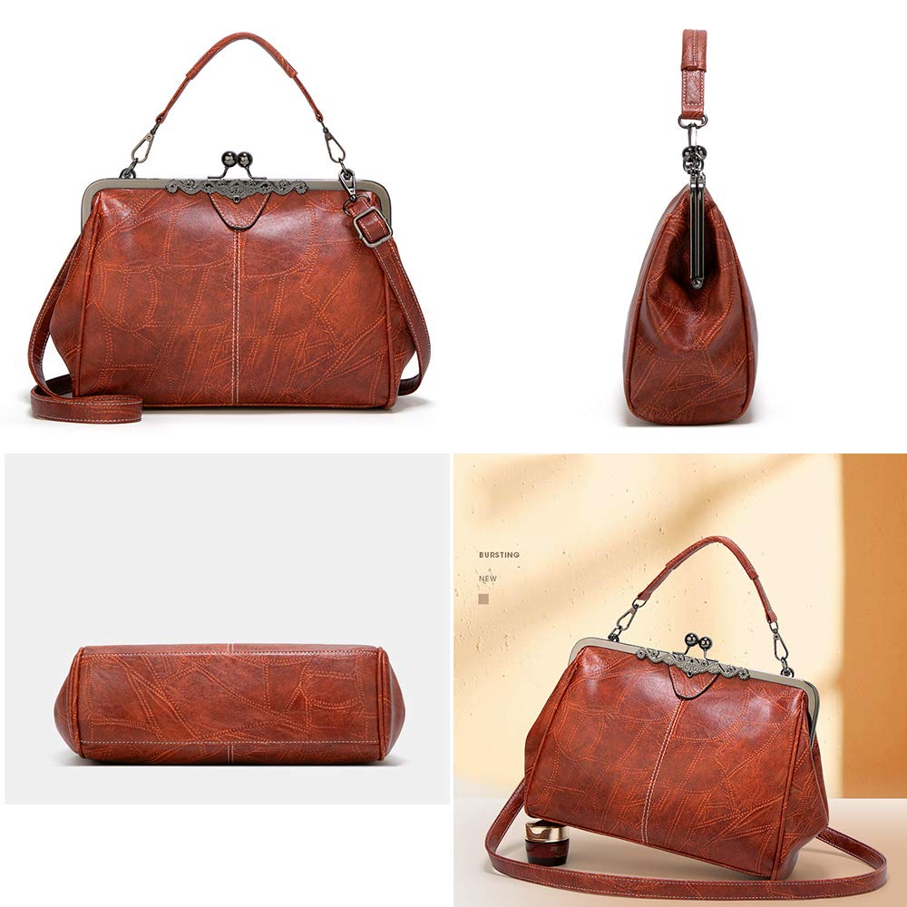 Segater® Women Retro Hollow Oil Wax PU Leather Handbag Kiss Lock Crossbody Purse Vintage Messenger Bag Tote