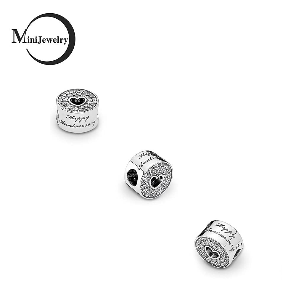 MiniJewelry Happy Anniversary Love Heart Charm fits Pandora Moments Bracelets Women Wife Celebration Bead