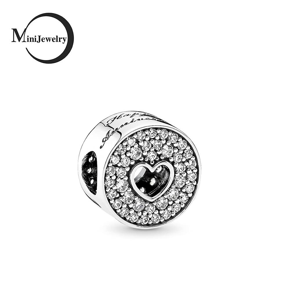 MiniJewelry Happy Anniversary Love Heart Charm fits Pandora Moments Bracelets Women Wife Celebration Bead