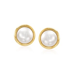 ross-simons 8mm bezel-set cultured button pearl stud earrings in 14kt yellow gold