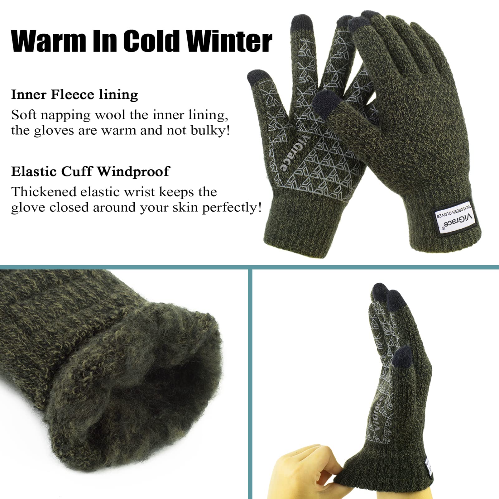 ViGrace Winter Warm Touchscreen Gloves for Men and Women Touch Screen Fleece Lined Knit Anti-Slip Wool Glove (Dark Gray, Medium)