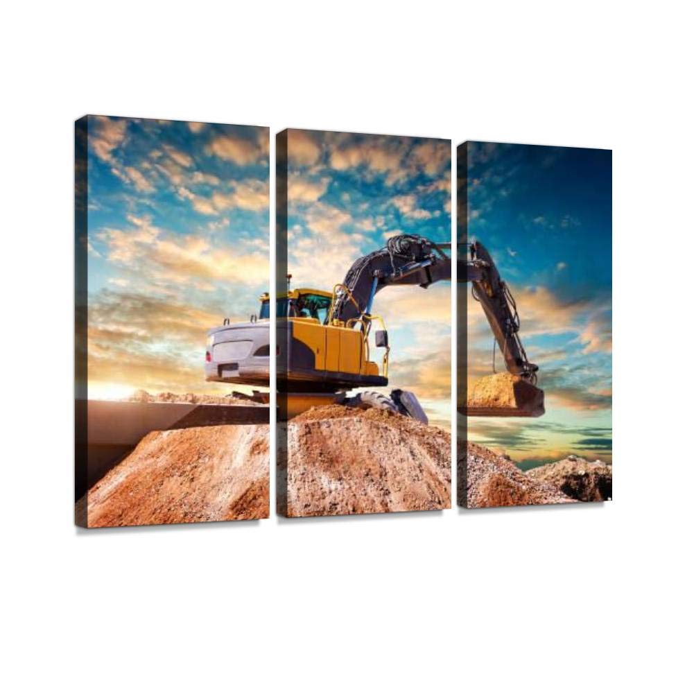 YKing1 Excavator at a Construction site Against The Setting Sun Wall Art Painting Pictures Print On Canvas Stretched & Framed Artworks Modern Hanging Posters Home Decor 3PANEL