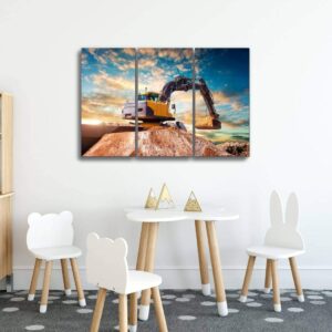 YKing1 Excavator at a Construction site Against The Setting Sun Wall Art Painting Pictures Print On Canvas Stretched & Framed Artworks Modern Hanging Posters Home Decor 3PANEL