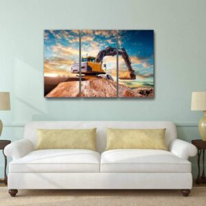 YKing1 Excavator at a Construction site Against The Setting Sun Wall Art Painting Pictures Print On Canvas Stretched & Framed Artworks Modern Hanging Posters Home Decor 3PANEL