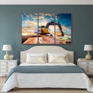 YKing1 Excavator at a Construction site Against The Setting Sun Wall Art Painting Pictures Print On Canvas Stretched & Framed Artworks Modern Hanging Posters Home Decor 3PANEL