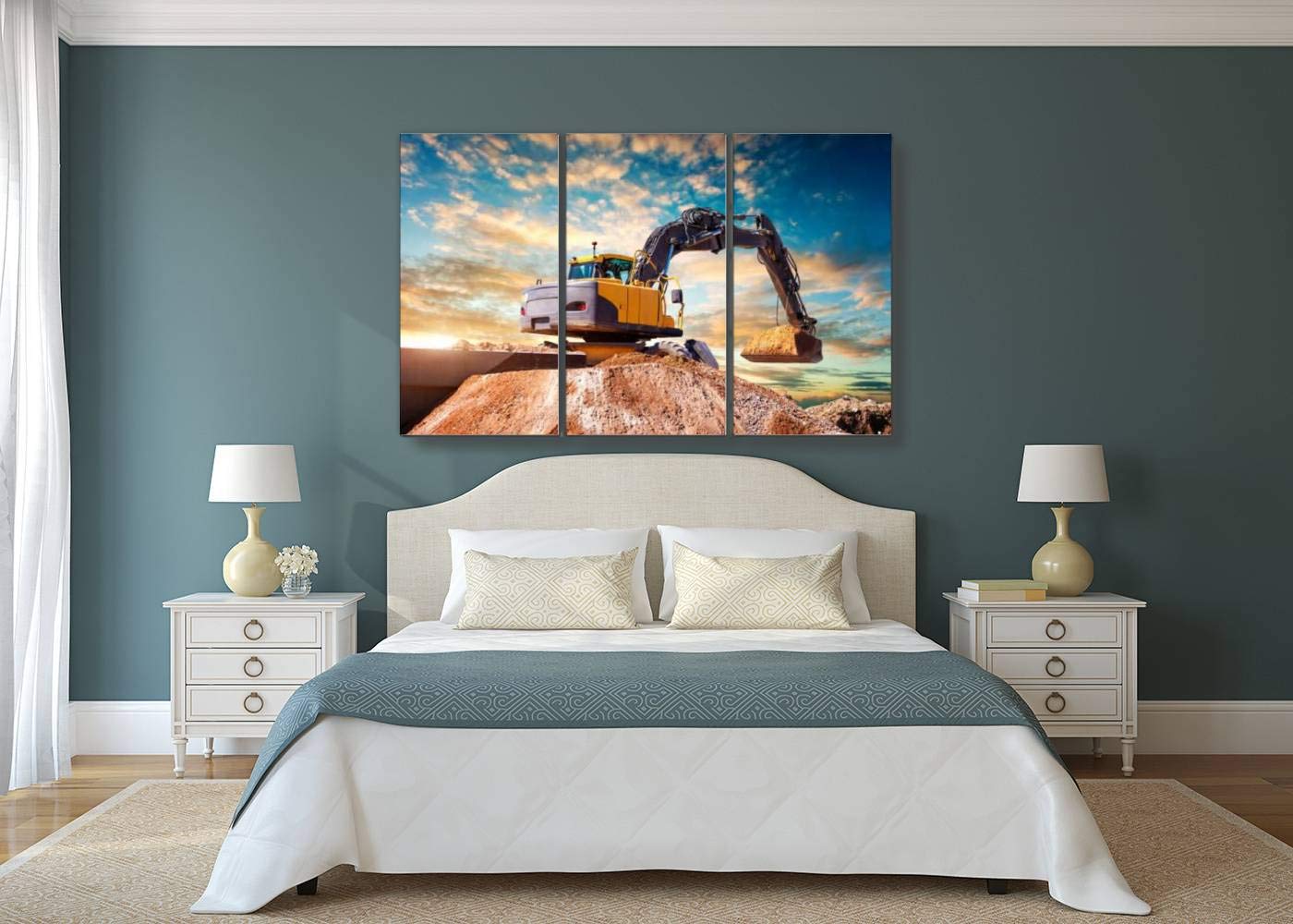 YKing1 Excavator at a Construction site Against The Setting Sun Wall Art Painting Pictures Print On Canvas Stretched & Framed Artworks Modern Hanging Posters Home Decor 3PANEL