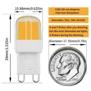 MJIUZHOU G9 LED Light Bulbs 25W 20W Halogen Equivalent Warm White 3000k 300Lm CRI 83 110v 120v 3W JCD/G9 Bi-Pin Base COB Bulb Mini Home Lighting (Pack of 6)