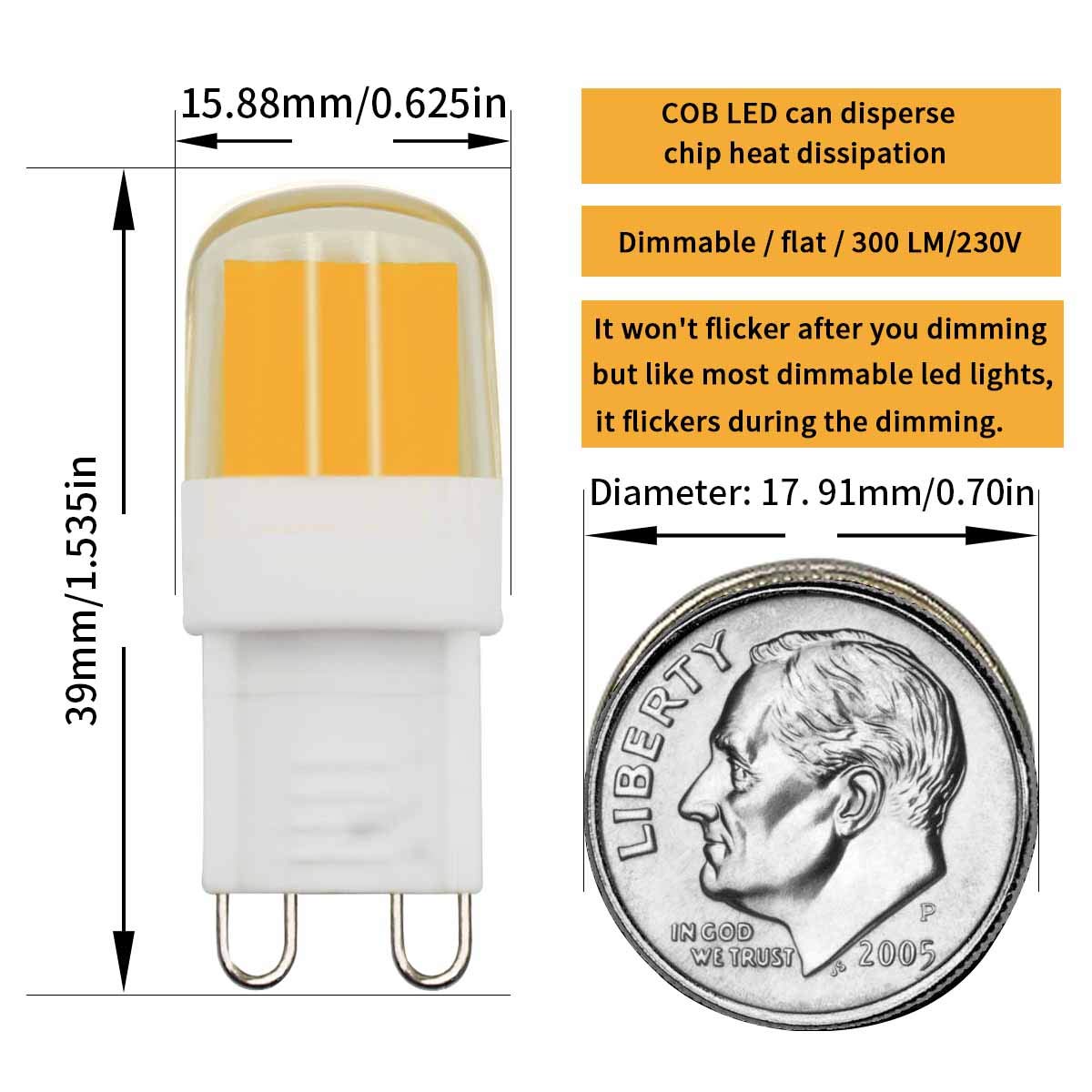 MJIUZHOU G9 LED Light Bulbs 25W 20W Halogen Equivalent Warm White 3000k 300Lm CRI 83 110v 120v 3W JCD/G9 Bi-Pin Base COB Bulb Mini Home Lighting (Pack of 6)