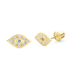 14k yellow gold evil eye cz stud earrings with screw back