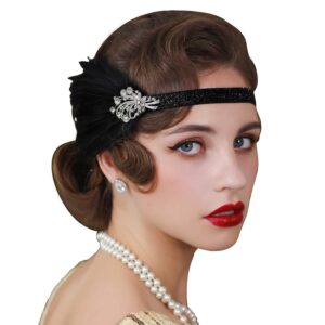 sweetv 1920s flapper headband, feather great gatsby headpiece, roaring 20s vintage hair accessories, black