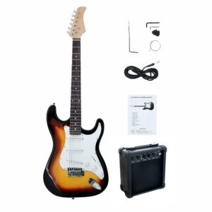 cb sky full-size 39“ adult/teenagers 13-18 electric guitar vintage sunbrust color with 5w amplifier, extra strings, cable and guitar pick