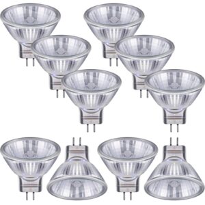 mudder 10 pieces halogen light bulbs mr11 12v ftd halogen spotlight bulbs, gu4 bi-pin base, glass cover, warm white 2700k dimmable precision halogen reflector fiber optic light bulb (20 watt)