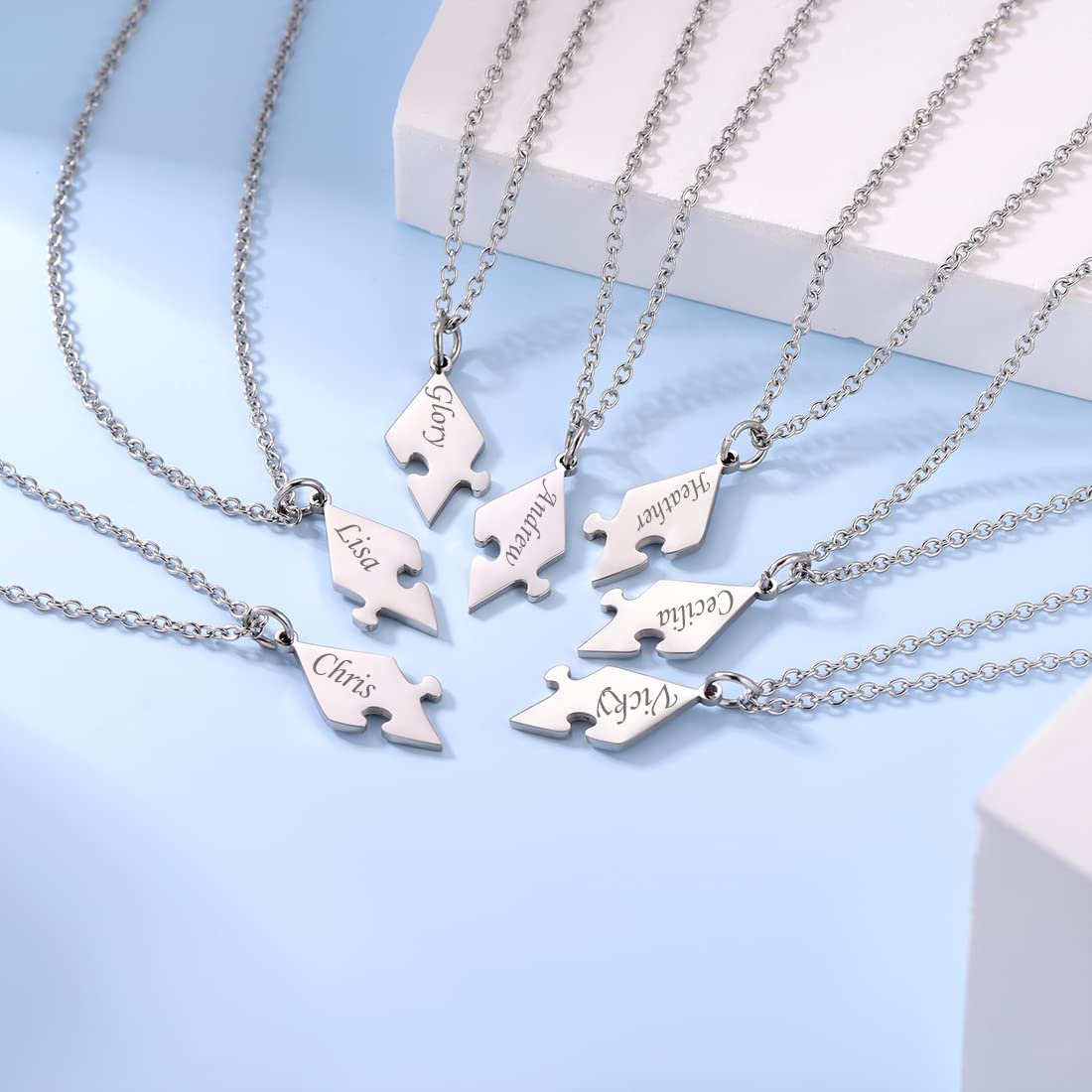 U7 Custom Friendship Necklace for 7 Women Stainless Steel Rolo Chain Personalized BFF Puzzle Piece Pendant Name Engraving 7 Ways BFF Necklaces Set