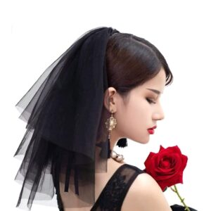 fangsen wedding bridal veil with comb 2 tier tulle short veil (black)