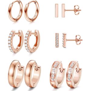 JOERICA 6 Pairs Hoop Huggie Earrings for Women Minimalist Cuff Mini Bar Stud Earrings Gold Silver Cubic Zirconia Small Ear Piercing Set