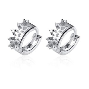 cz princess crown cubic zirconia small hoop earrings for women 925 sterling silver dainty cute tiny huggie hinged hoops tragus pose pin hypoallergenic earrings jewelry (silver)