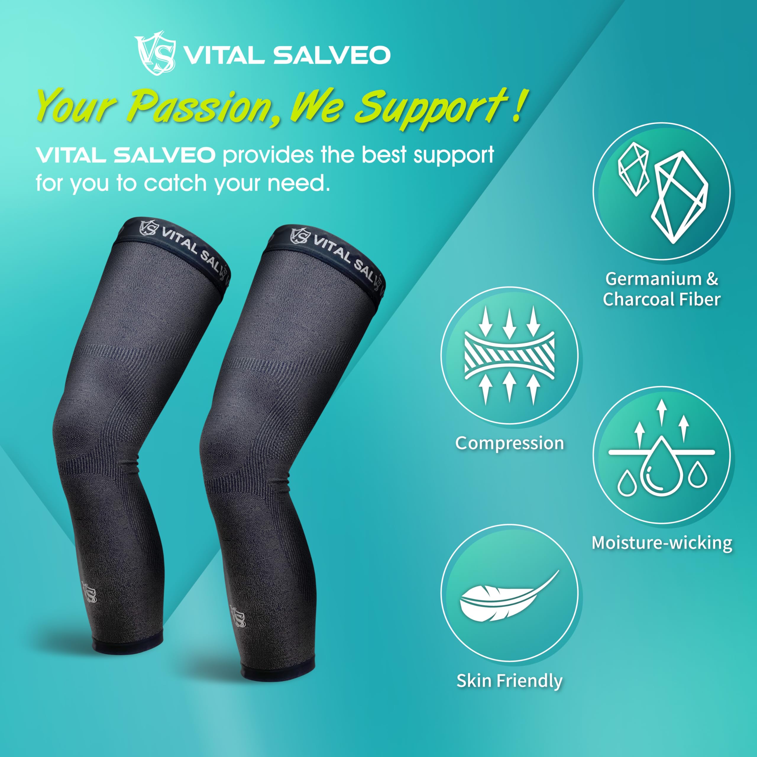 Vital Salveo Recovery Compression Sports Full Leg Sleeve Thigh Calf Long Knee Support Basketball Dark Grey (1 Pair) Medium