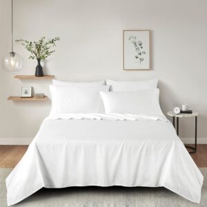 ELINEN 100% Supima Cotton Sheets 600 Thread Count,Bed Sheet Set King Size Sheets 4 Pieces,Soft & Silk Sateen Weave, Fits Mattress Up to 18",Deep Pocket, Breathable & Fade Resistant(White,King)