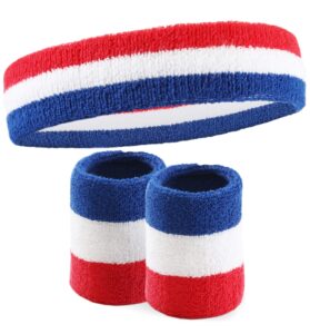 sports sweatband headband wristband set - terry cloth headbands for men & women, head & wrist sweat bands for tennis, sports, basketball, gym, exercise - usa