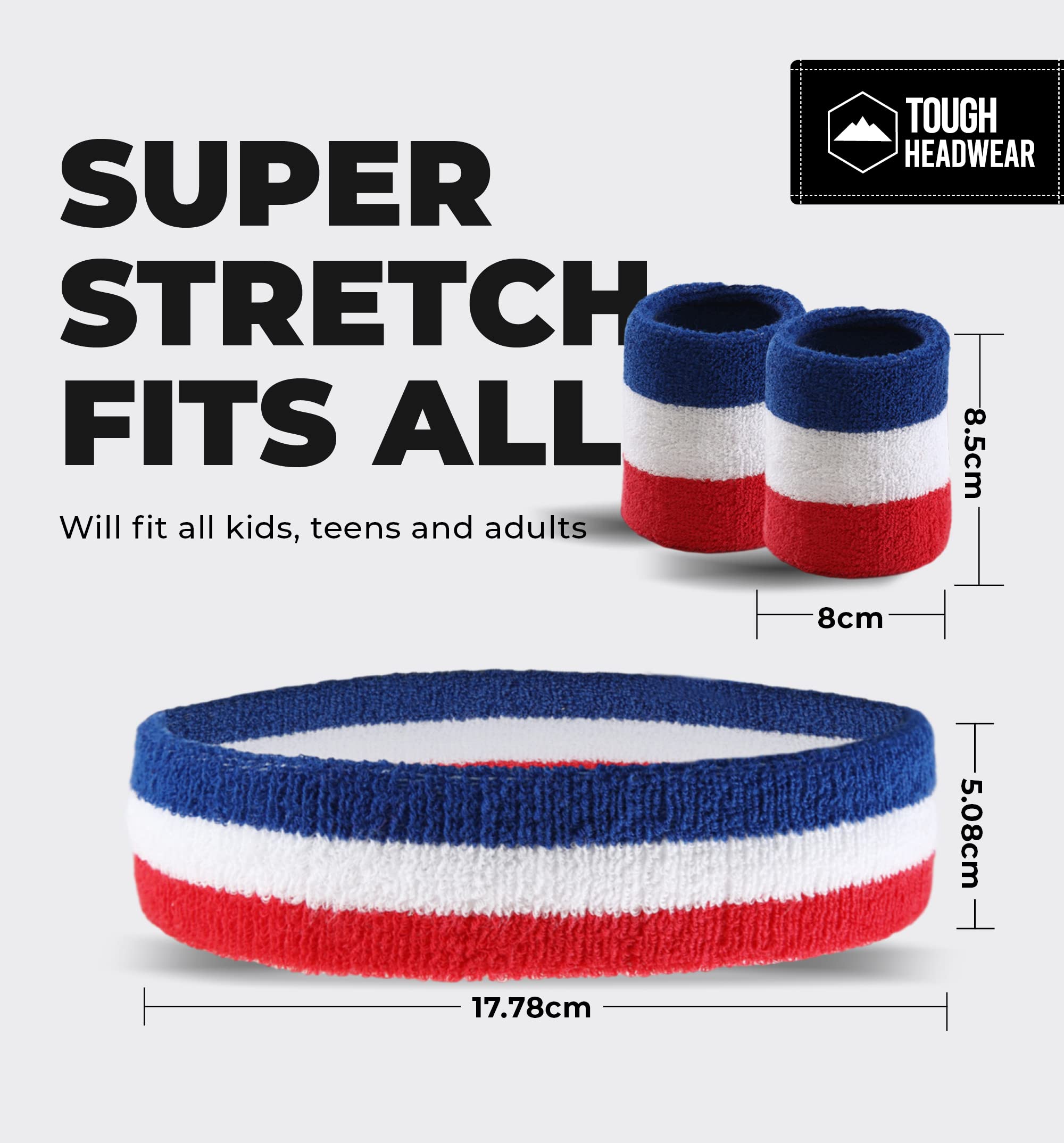 Sports Sweatband Headband Wristband Set - Terry Cloth Headbands for Men & Women, Head & Wrist Sweat Bands for Tennis, Sports, Basketball, Gym, Exercise - USA