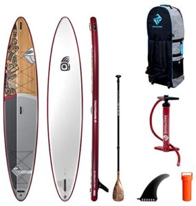 boardworks shubu great bear | touring all water inflatable stand up paddleboard | sup package includes pump, three piece paddle and roller bag complete kit | 14', red/grey/white