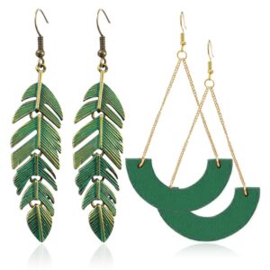 handmade boho vintage green bronze lightweight statement leaf earrings with detailed texture drop dangle earring for women (green)