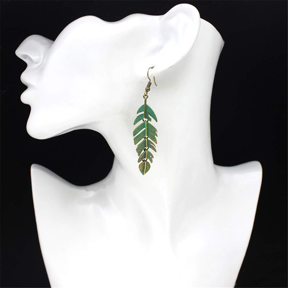 Handmade Boho Vintage Green Bronze Lightweight Statement Leaf Earrings with Detailed Texture Drop Dangle Earring for Women (Green)