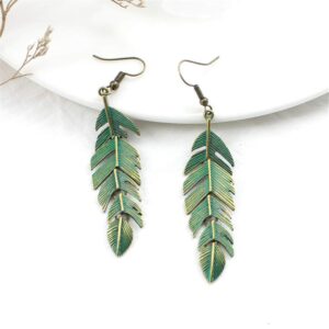 Handmade Boho Vintage Green Bronze Lightweight Statement Leaf Earrings with Detailed Texture Drop Dangle Earring for Women (Green)