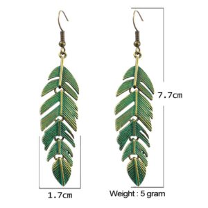 Handmade Boho Vintage Green Bronze Lightweight Statement Leaf Earrings with Detailed Texture Drop Dangle Earring for Women (Green)