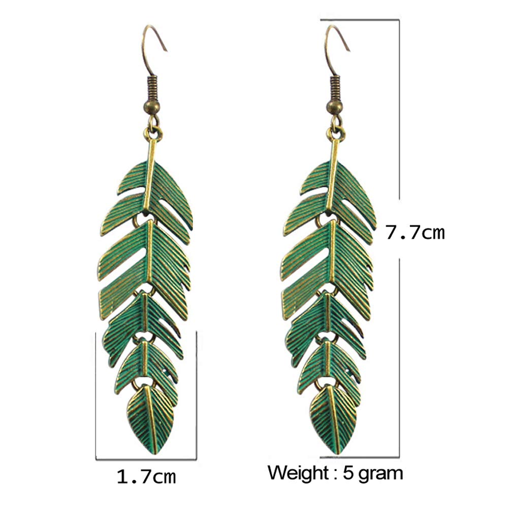 Handmade Boho Vintage Green Bronze Lightweight Statement Leaf Earrings with Detailed Texture Drop Dangle Earring for Women (Green)