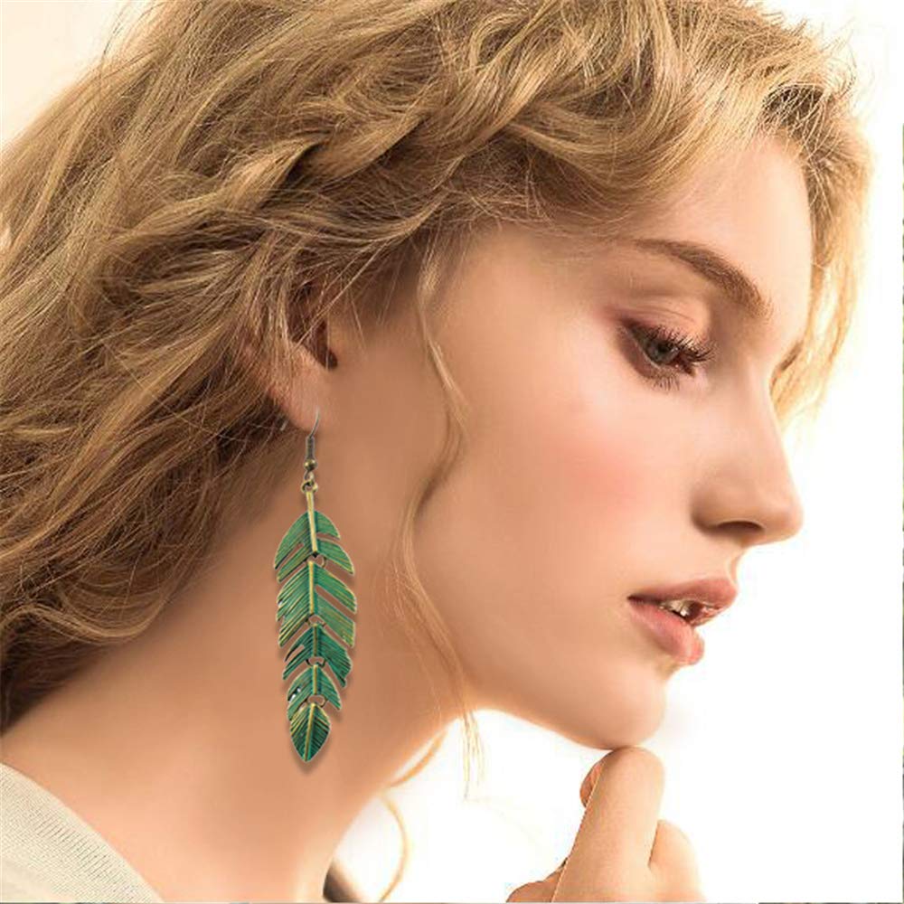 Handmade Boho Vintage Green Bronze Lightweight Statement Leaf Earrings with Detailed Texture Drop Dangle Earring for Women (Green)