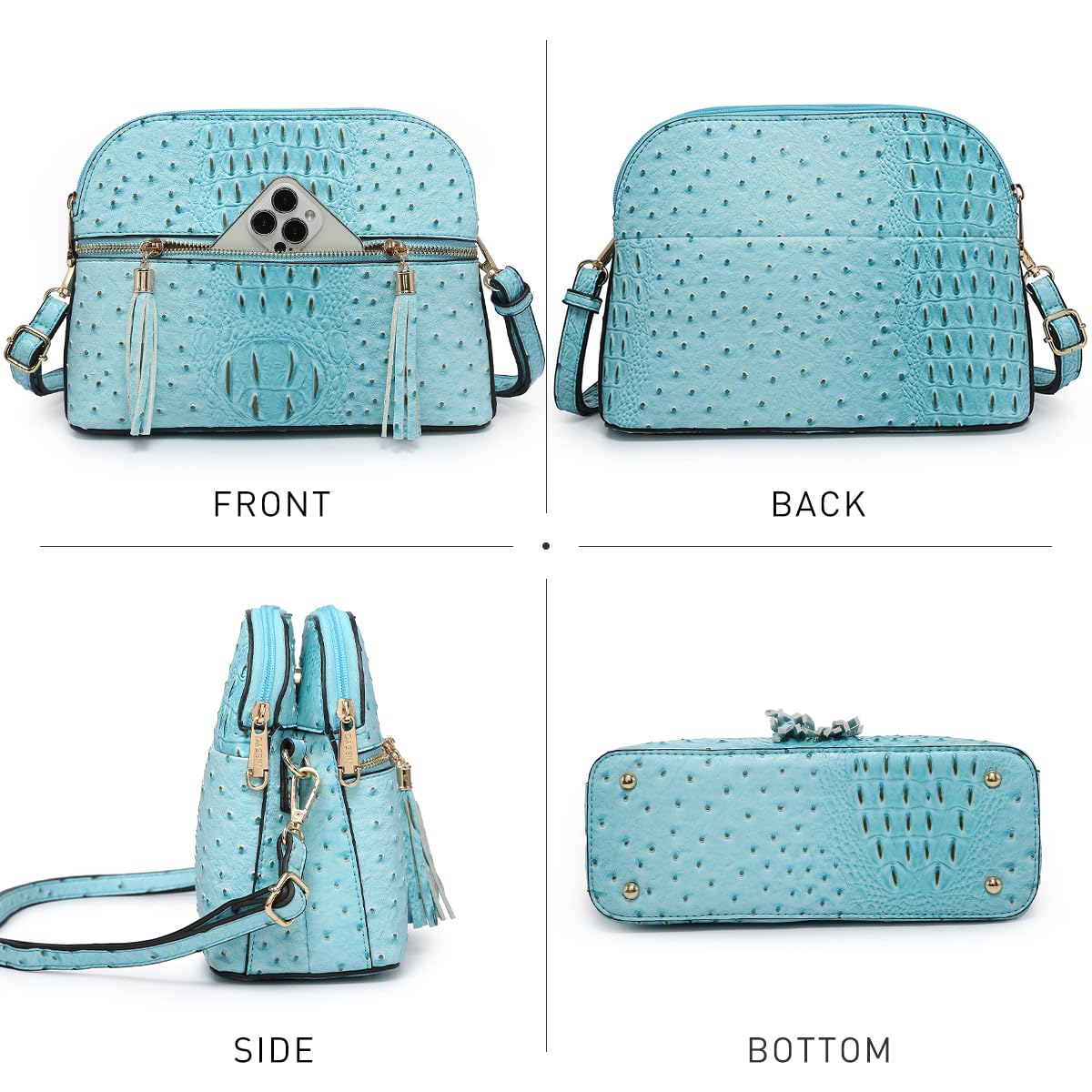 Dasein Women Tassel Zipper Pocket Crossbody Bag Shoulder Purse Fashion Travel Bag with Multi Pockets(Ostrich Blue)