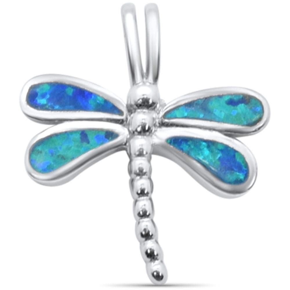 CloseoutWarehouse Blue Simulated Opal Dragonfly Pendant Sterling Silver