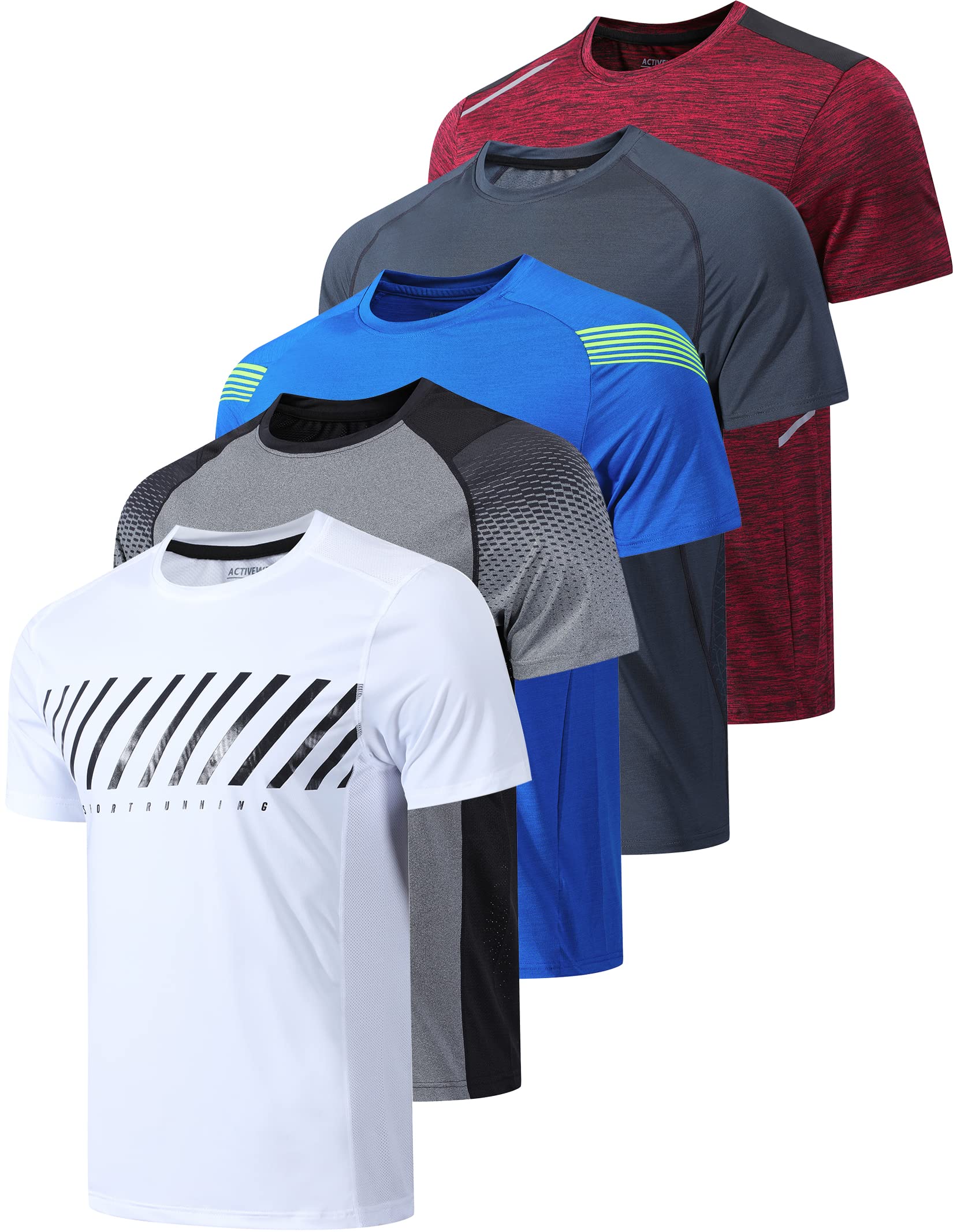 5 Pack Men’s Active Quick Dry Crew Neck T Shirts | Athletic Running Gym Workout Short Sleeve Tee Tops Bulk (Set 2, Large)