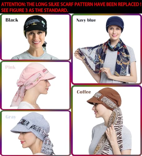 JarseHera Chemo Hats for Women Bamboo Cotton Lined Newsboy Caps with Scarf Double Loop Headwear for Cancer Hair Loss Black