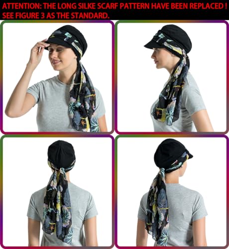 JarseHera Chemo Hats for Women Bamboo Cotton Lined Newsboy Caps with Scarf Double Loop Headwear for Cancer Hair Loss Black