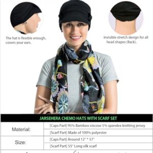 JarseHera Chemo Hats for Women Bamboo Cotton Lined Newsboy Caps with Scarf Double Loop Headwear for Cancer Hair Loss Black